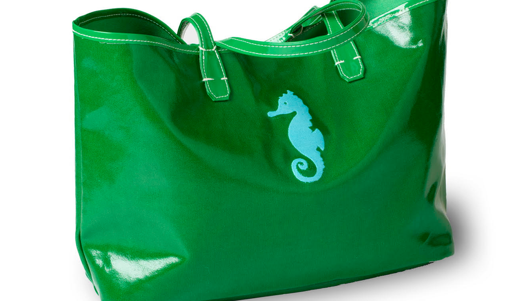 Wellie Market Tote with Aqua Seahorse – Elizabeth McKay